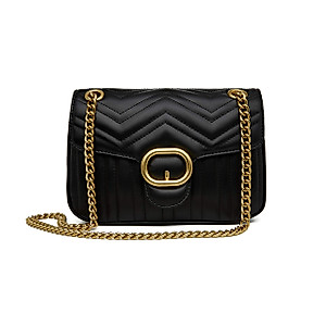 Women Genuine Leather Shoulder Bag Ladies Fashion Clutch Purses Quilted Crossbody Bags With Chain - Black