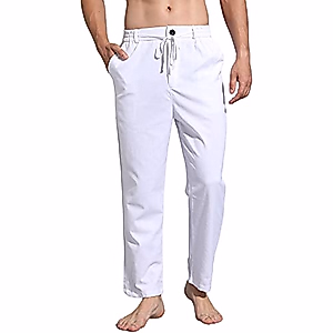 AITFINEISM Men's Casual Linen Pants Elastic Waist Summer Beach Loose Fit Trousers (32-34, A-White)