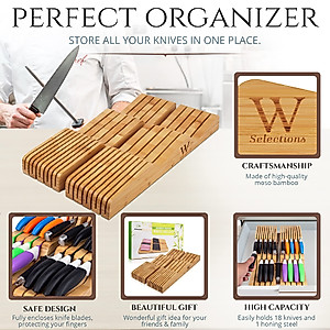 W Selections Bamboo Knife Drawer Organizer Insert - Kitchen Storage Holder for [18~26 Knives & 1~2 Honing Steel] Organization - Saves Countertop Space & Made of Premium Quality Moso Bamboo
