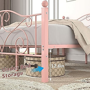 VECELO Queen Size Bed Frame with Headboard and Footboard, Heavy Duty Metal Slat Support, Platform Mattress Foundation, No Box Spring Needed, Easy Assembly, Pink