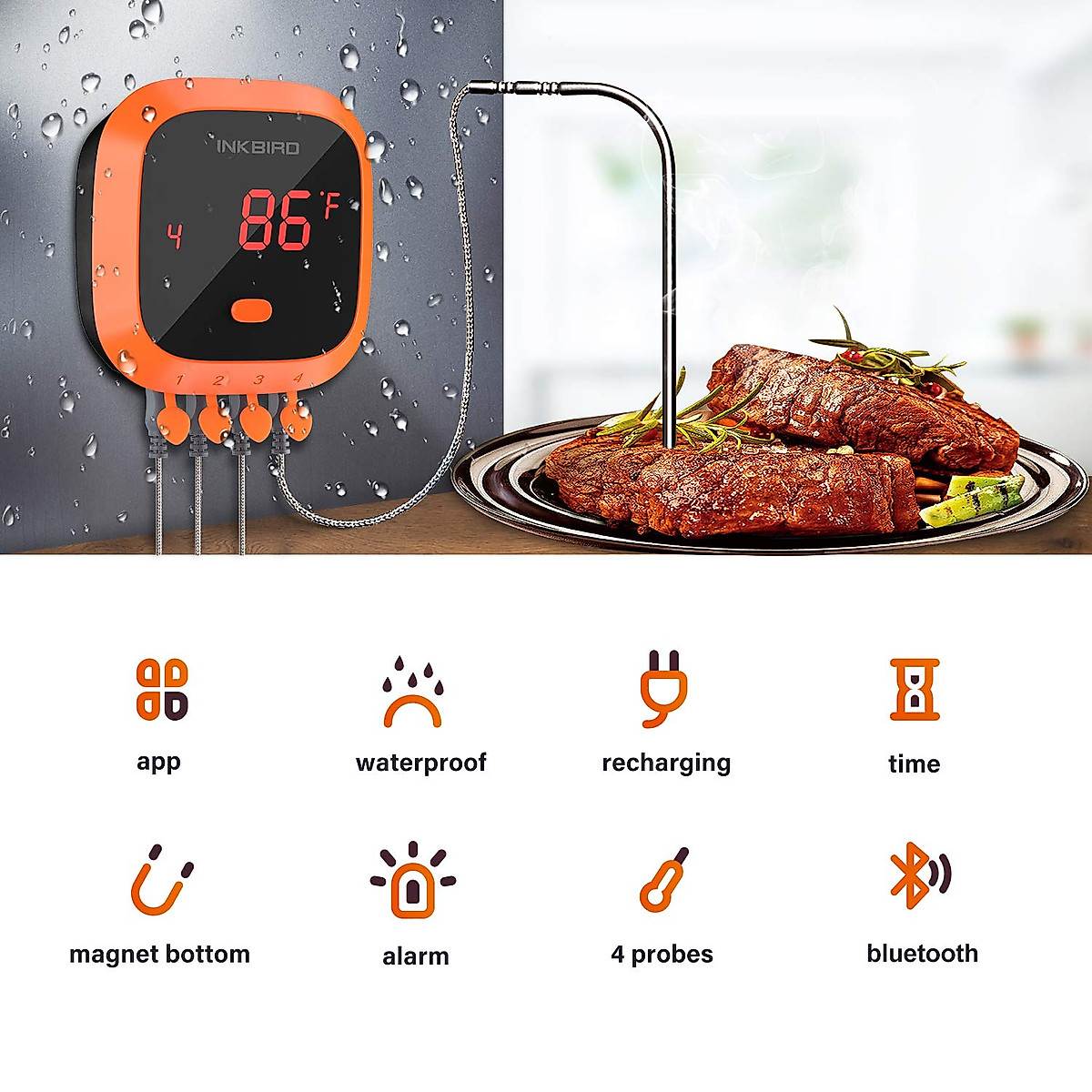 Inkbird Waterproof 150 FT Bluetooth Meat Thermometer IBT-4XC with Magnet, Timer, Alarm and 4 Probes, BBQ Grill Digital Wireless Meat Thermometer for Cooking, Smoker, Kitchen, Oven