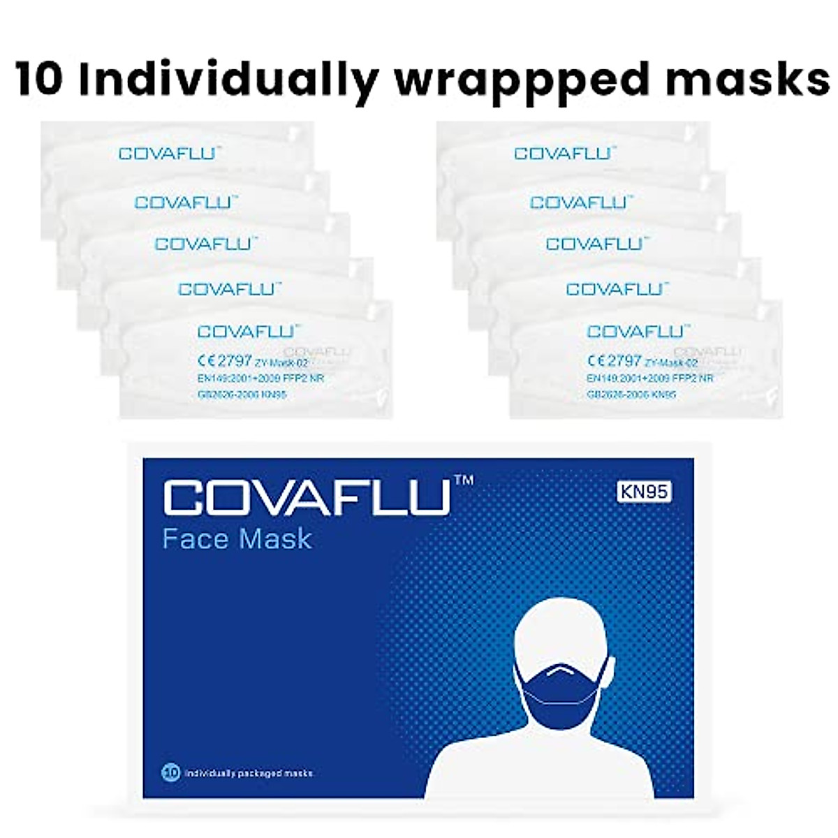Covaflu KN95 Face Mask, Pack of 10 Masks, Cup Shaped KN95, 5 Layers Protection, Comfortable Fit, for Men and Women (White)
