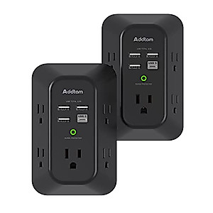 2 Pack USB Wall Charger Surge Protector, 5 Outlet Extender with 4 USB Charging Ports (1 USB C Outlet) 3 Sided 1800J Power Strip Multi Plug Outlets, Wall Adapter Spaced for Home Office, Black
