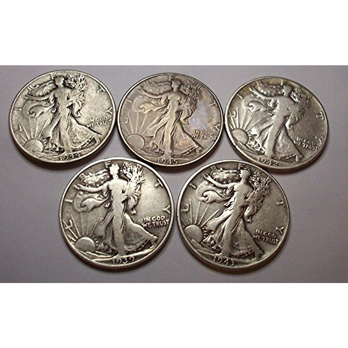 Count of 5 - Walking Liberty Half Dollar 5 Different Dates F/VF 90% Silver Fine to Extra Fine