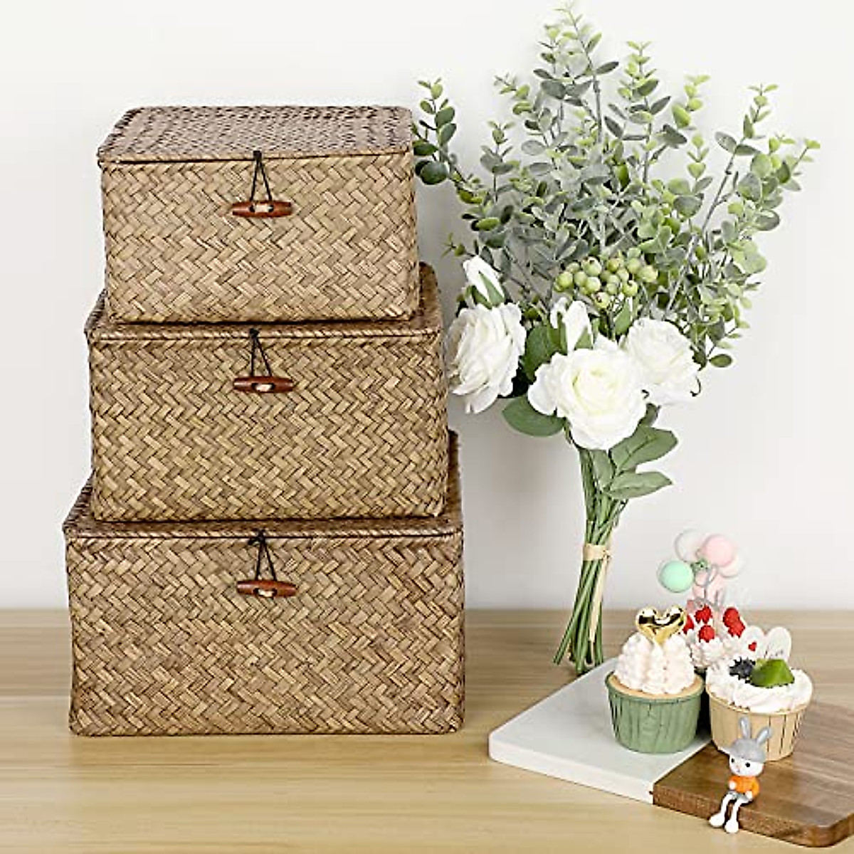 Hipiwe Wicker Shelf Baskets Bins with Lid Handwoven Storage Baskets Boxes Natural Seagrass Basket Box Home Decorative Household Organizer Bins Boxes for Shelf Organizing,Set of 3
