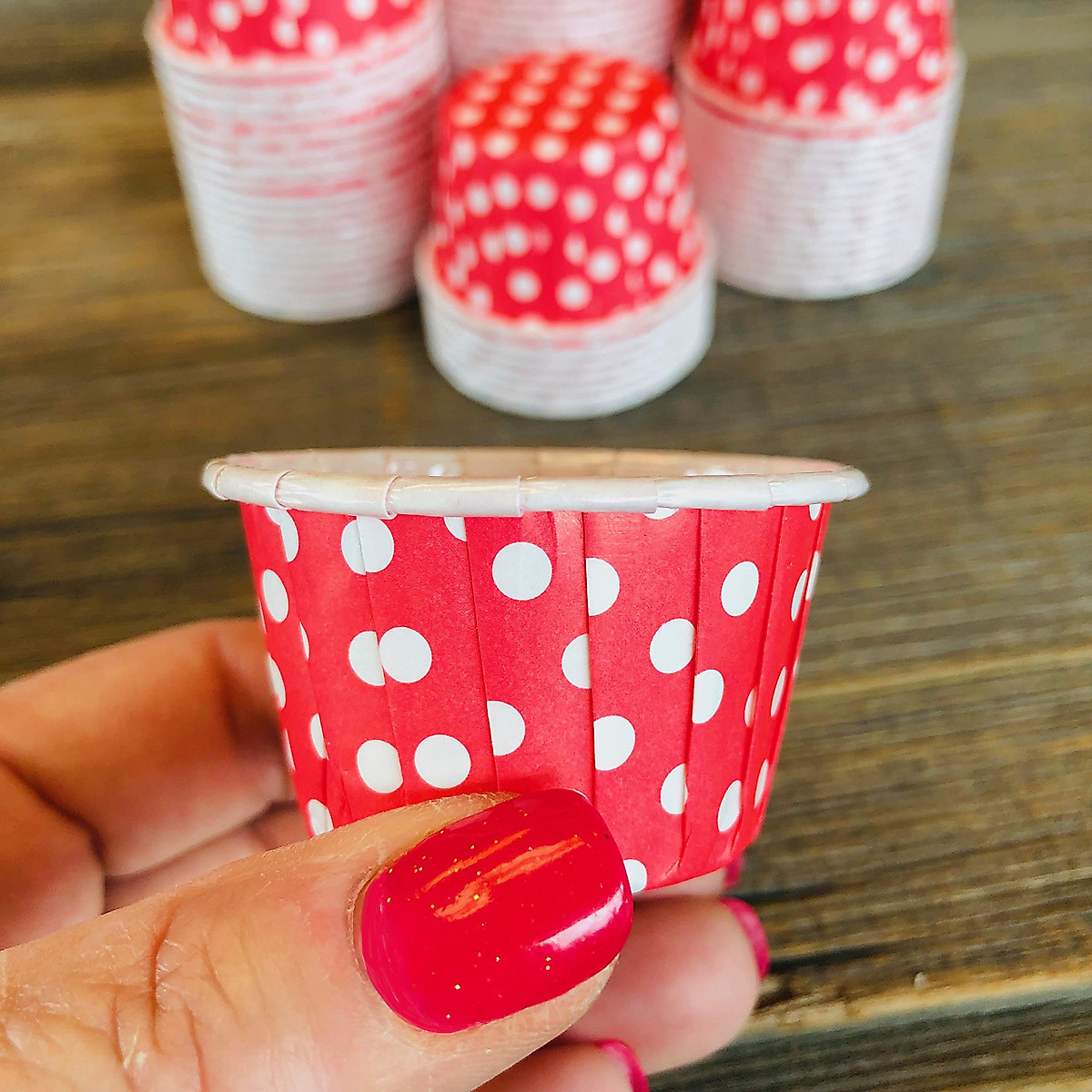 Red Bulk MINI Candy Nut Paper Cups- Christmas Valentine 4th of July Party Supply - Mini Baking Liners - Red Polka Dot - 100 Pack
