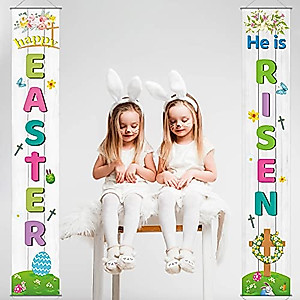 Happy Easter Porch Sign He is Risen Party Banner Welcome Easter Courtyard Holiday Decoration Indoor Outdoor Front Door Spring Floral Hanging Flag