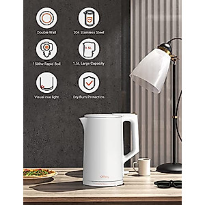 Electric Kettle, 304 Stainless Steel Interior, BPA-Free, Double Wall 1.5L Hot Water Boiler, 1500W Tea Kettle with Auto Shut-Off & Boil Dry Protection, Cordless Base & LED Indicator(White)
