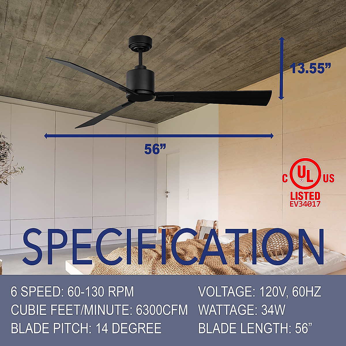 iLiving Quiet BLDC Indoor Ceiling Fan with Remote Control, 3 Blades 6 Speeds, 56 Inches, 6300 CFM, Black/Wood Finish