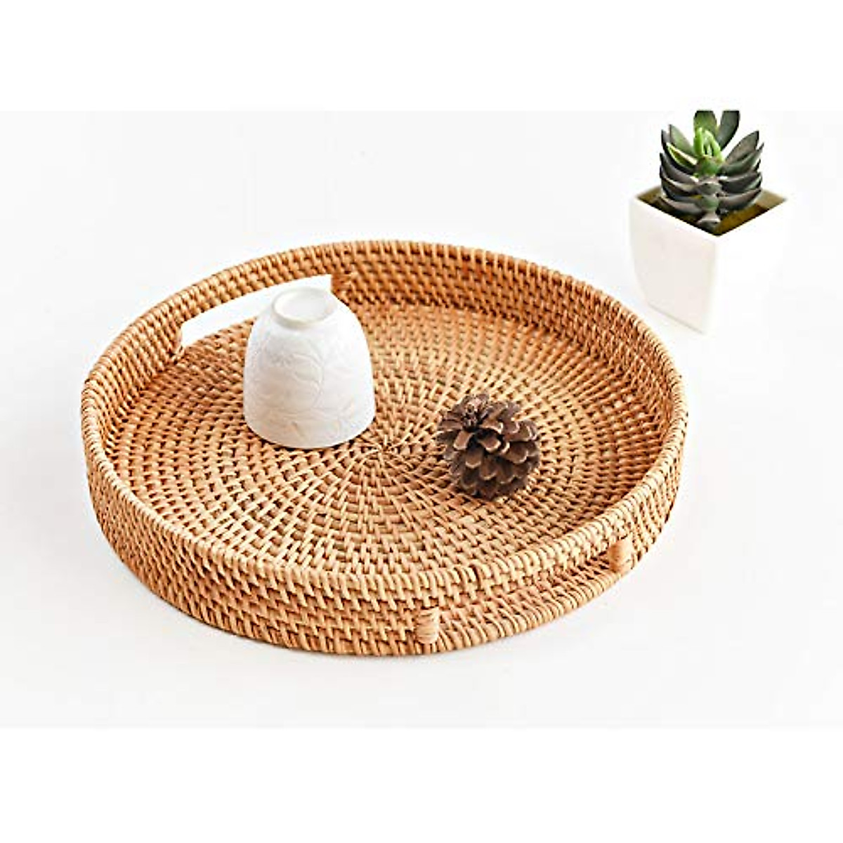 DECRAFTS Round Rattan Serving Tray Decorative Woven Ottoman Trays with Handles for Coffee Table Natural (Small 11.8 inch x 2.4 inch)