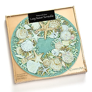 CounterArt Coastal Wreath 4mm Heat Tolerant Tempered Glass Lazy Susan Turntable 13” Diameter Cake Plate Pizza Server
