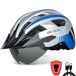 VICTGOAL Bike Helmet with USB Rechargeable Rear Light Detachable Magnetic Goggles Removable Sun Visor Mountain & Road Bicycle Helmets for Men Women Adult Cycling Helmets (L: 57-61 cm, Silver)