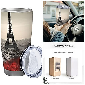 Paris Tumbler with Lid and Straw 20oz Stainless Steel Car Cup for Hot and Cold Drinks, Double Wall Insulated Travel Coffee Mug Reusable Drink Thermos Cup Birthday Gifts