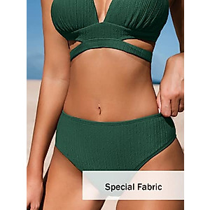 CUPSHE Bikini Set for Women Two Piece Swimsuits Triangle Top Mid Rise Crisscross Back Tie Cutout Spaghetti Straps, M DarkGreen