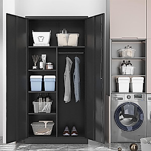 Yizosh Metal Armoire Wardrobe Closet Cabinet for Hanging Clothes with Lock Doors, -72" Steel Lockable Wardrobe Storage Locker Clothes Organizer for Bedroom, Laundry Room (Black)