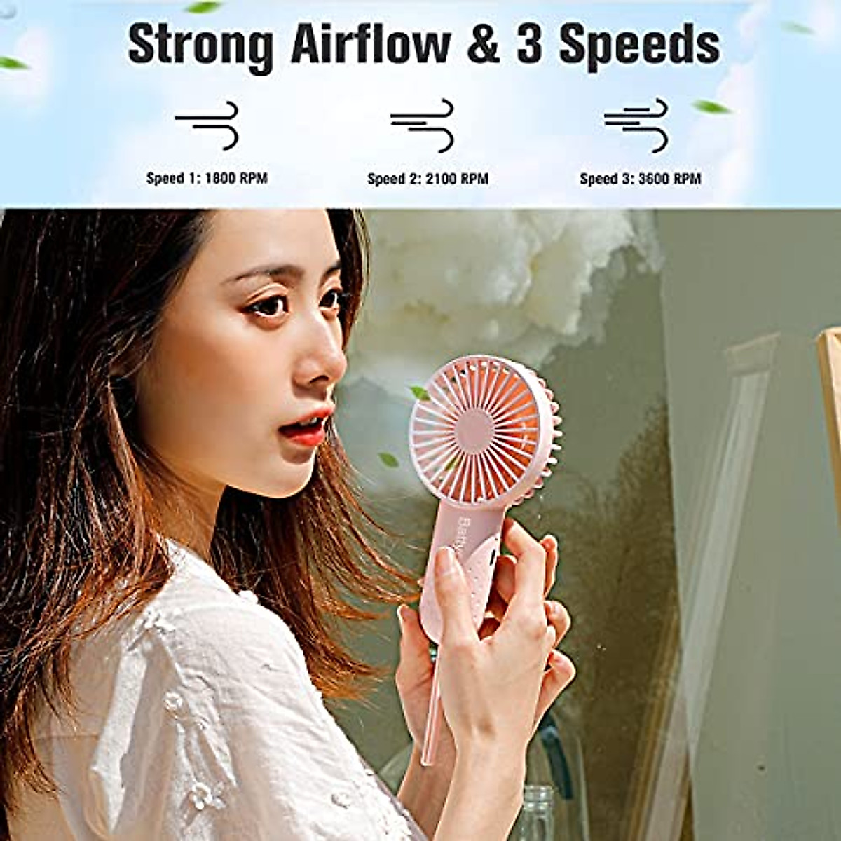 LCJMMO Mini Handheld Fan Powerful Small Personal Portable Fan with Lanyard, 3 Speeds Adjustable USB Rechargeable Battery Operated Cooling Fan for Indoor Outdoor Household Home Office Traveling , Pink