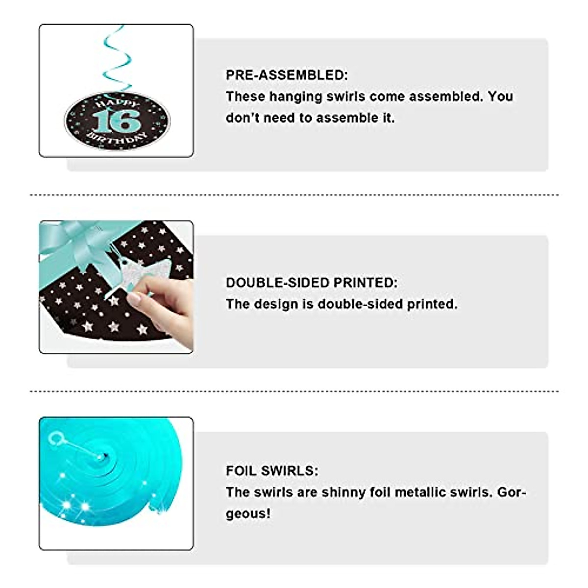 Happy 16th Birthday Party Hanging Swirls Streams Ceiling Decorations, Celebration Sweet 16 Foil Hanging Swirls with Cutouts for 16 Years Teal Silver Black Blue Birthday Party Decorations Supplies