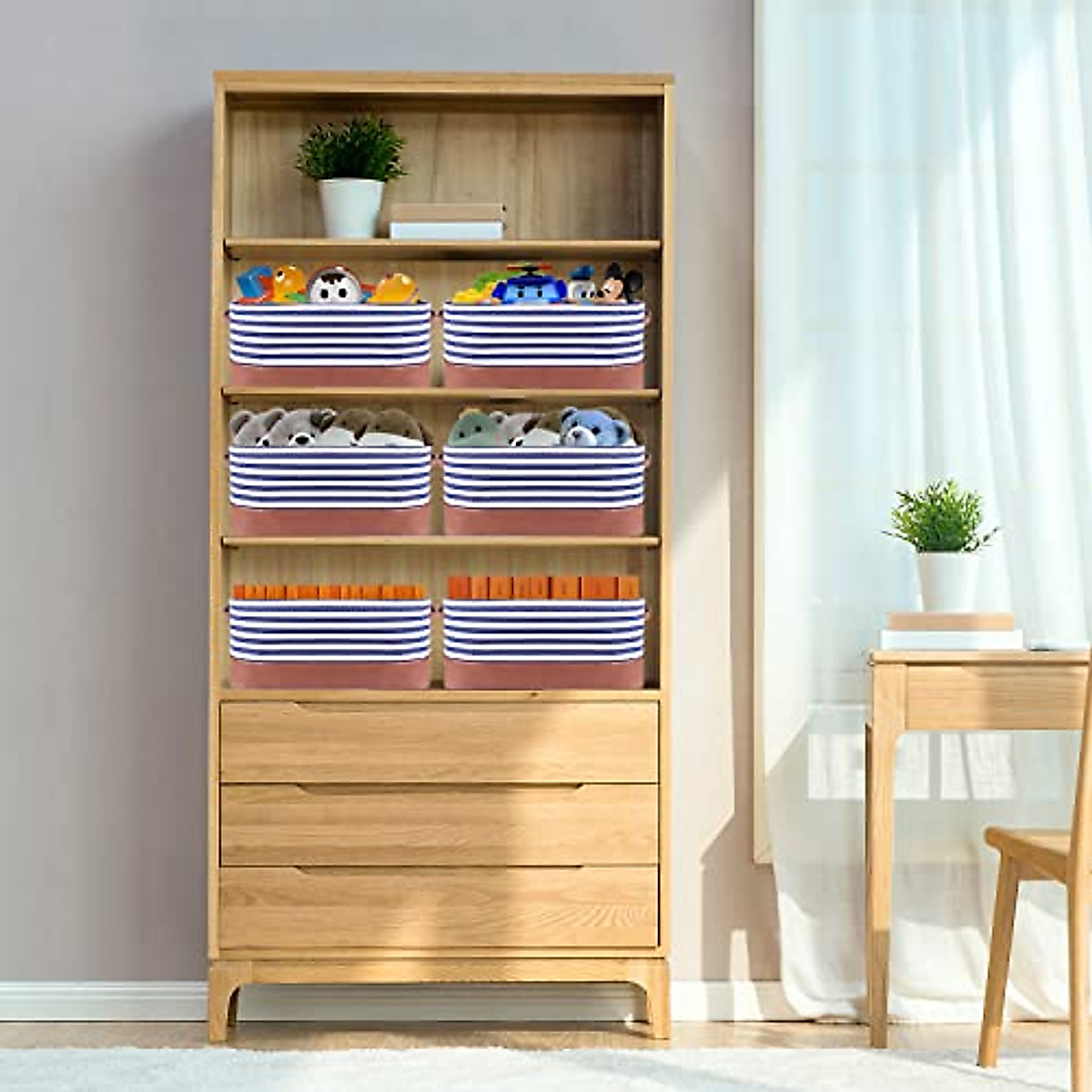 Foldable Storage Bin | Collapsible Sturdy Fabric Storage Basket Cube W/Handles for Organizing Shelf Nursery Toy Closet (BLUE STRIPS, 11.5"+13"+16")