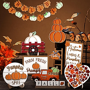 23-Piece Fall Tiered Tray Decoration Set - Thanksgiving Pumpkin Maple Leaf Truck Wooden Sign Rustic Farmhouse Tray Decoration Tabletop Sign Holiday