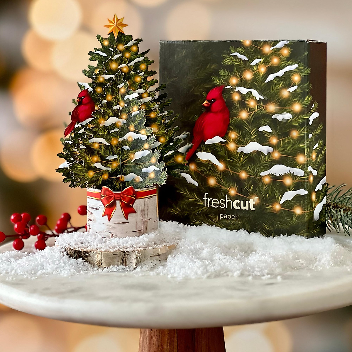 Freshcut Paper Pop Up Cards, Merry Mini Tree, 7 inch Mini Sized Paper Christmas Tree 3D Popup Greeting Cards, Christmas Card, Holiday Card, Blank Notecards & Envelopes, Pack of 5