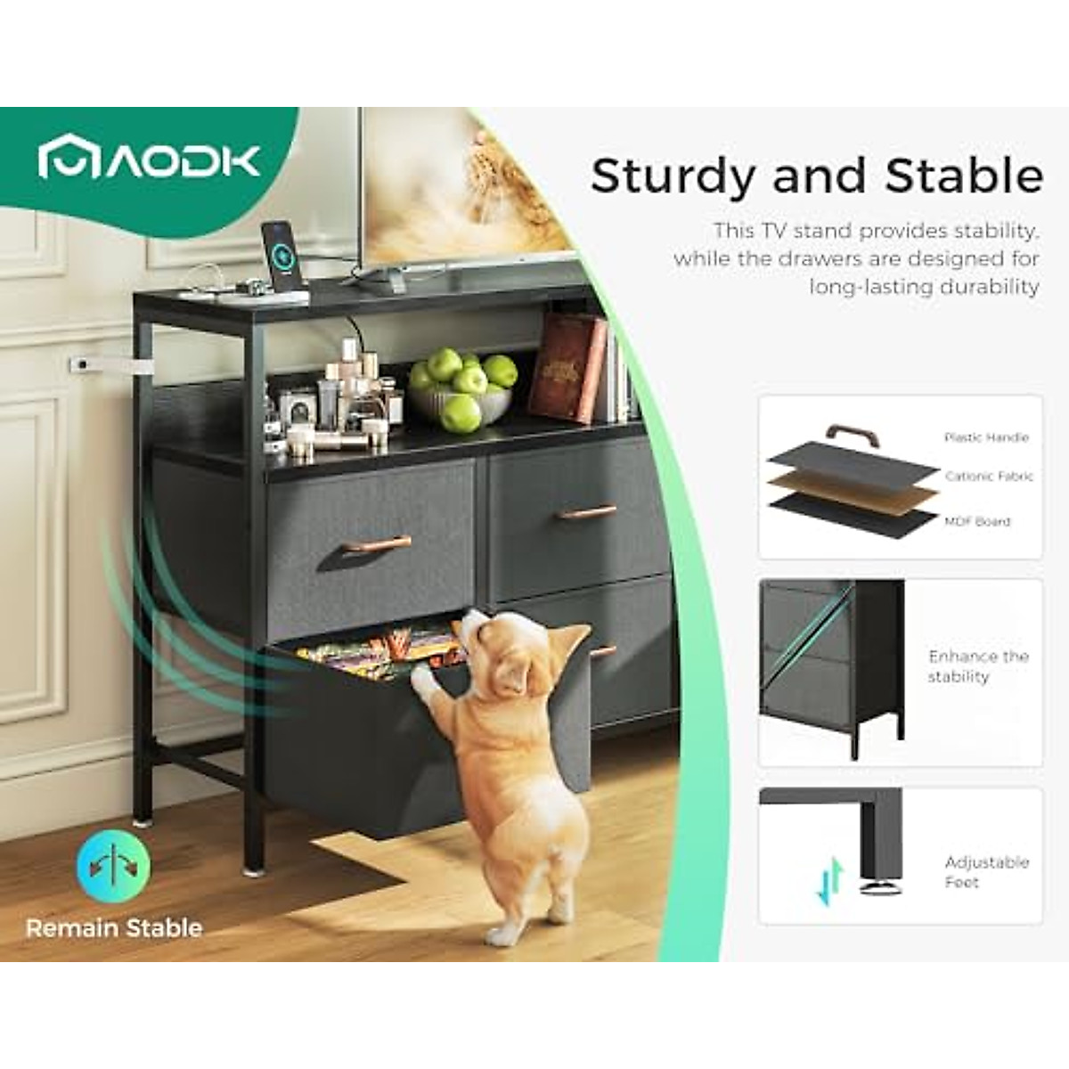 AODK Dresser with Charging Station, 52 Inches Long Dresser for Bedroom with 7 Large Fabric Drawers, Dresser TV Stand with Open Shelves for 55-Inch TV for Living Room, Dark Grey and Black