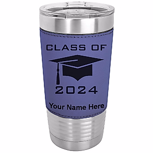 LaserGram 20oz Vacuum Insulated Tumbler Mug, Grad Cap Class of 2023, 2024, 2025, 2026, 2027, Personalized Engraving Included (Faux Leather, Dark Purple)