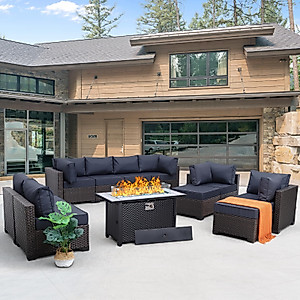 WAROOM Outdoor Patio Furniture Set 11 Piece Dark Brown Rattan Sectional Sofa PE Wicker Conversation Chairs with 45" Propane Fire Pit Table and Non-Slip 5" Thick Navy Blue Cushion