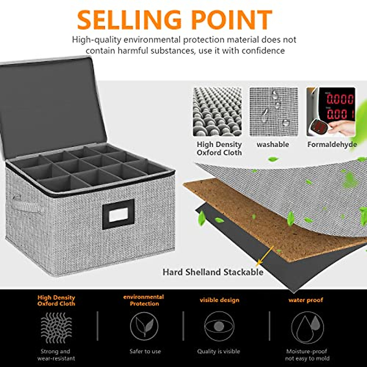homyfort Wine Glass Storage Boxes with Dividers,China Storage Containers Stemware Chest Boxes Holds 12 Wine Glass or Crystal Glassware with Label Window and Handles,Hard Shell and Stackable (Grey)