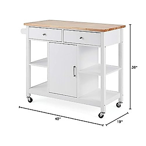 KVK Rolling Kitchen Island Cart with Towel Rack, Large Drawers, Compartment Cabinets, Open Storage Shelves, Kitchen Cart with Rubber Wood Top, Pine Legs, Lockable Wheels, White (SJHM-013WH)