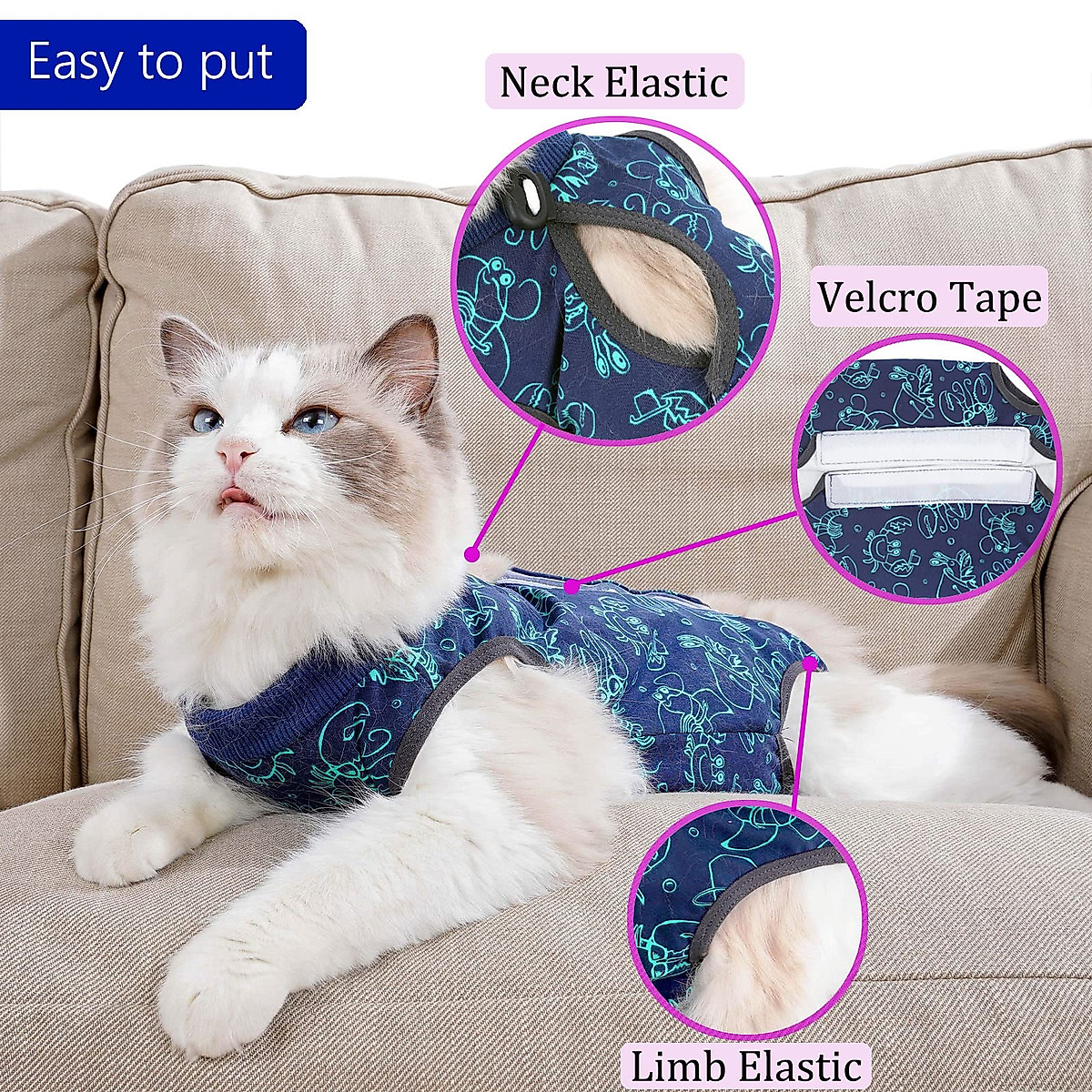 kzrfojy Cat After Surgery Recovery Suit / Onesie for Surgical Abdominal Wound Or Skin Diseases E-Collar Alternative Wear Cat Neutering Bodysuit Wear (Dark-Blue-M)