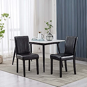 FUNESI PU Leather Upholstered Dining Chair, Armless Parsons Chair with Black Solid Wood Legs Set of 2（Black