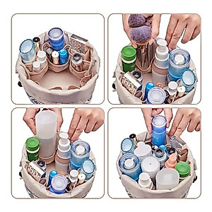 Barrel Drawstring Makeup Bag Travel Cosmetic Bag Large Toiletry Organizer Waterproof for Women (Large, Blue Leaf)