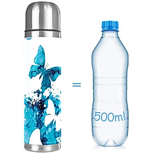 Stainless Steel Leather Vacuum Insulated Mug Blue Butterfly Thermos Water Bottle for Hot and Cold Drinks Kids Adults 16 Oz