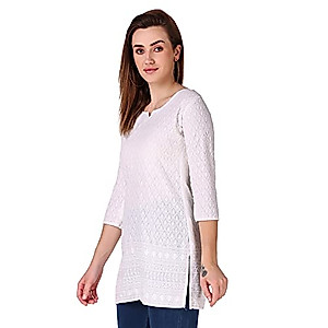 ladyline Womens Rayon Hakoba Schiffli Embroidered Tunic Top Chikan Work Short Kurti Kurta (White-40