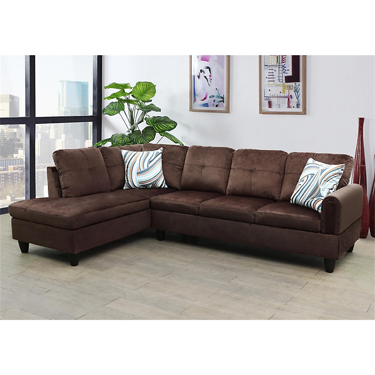 NOTOP Seater 3-Piece Flannel L-Shaped Sectional Sofas, Button Tufted Upholstered Couch Set with Left Chaise Longue and Storage Ottoman, for Living Room, Home, Office, Chocolate, 97