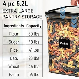 WHITE FEATHER SUPPLIES 4 PC [5.2L / 175 Oz] Large Airtight Food Storage Containers with Lids - Leakproof BPA Free Plastic Kitchen & Pantry Organization for Sugar, Flour & Rice + 4 Measuring Cups