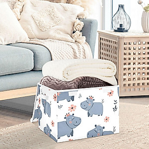 SUABO Large Collapsible Storage Bins with Lids & Handles,Cartoon Animals Seamless Hippo Rectangle Fabric Storage Organizer Boxes Baskets Closet For Clothes Toys