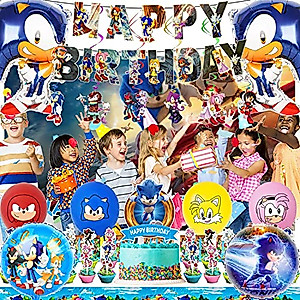 Sonic Birthday Party Supplies, Birthday Party Decorations Including Banners, Foil Balloons, Latex Balloons, Cake Toppers, Plates, Tableware, Backdrop and Tablecloth