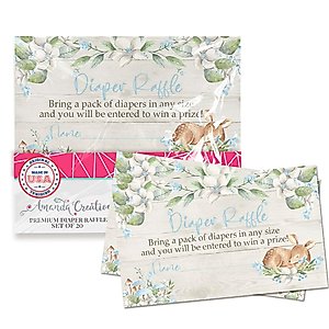 Little Deer Woodland Themed Diaper Raffle Tickets for Boy Baby Showers, 20 2" X 3” Double Sided Insert Cards for Games by AmandaCreation, Bring a Pack of Diapers to Win Favors & Prizes!