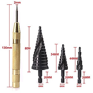 LWCUSNJ 4 Piece Step Drill Bit Set and Automatic Center Punch, HSS Nitriding Black Spiral Fluted Drill Bits for Hardened Metal, Stainless Steel, Wood, Plastic,6mm Hex Shank,Sizes 4-12mm/4-20mm/4-32mm