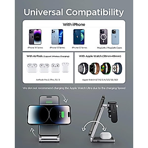Magnetic Charging Station,Hohosb 3 in 1 Foldable Zinc Alloy Wireless Charger Stand[Compatible with Magsafe Charger] for iPhone 15/14/13/12 Series, AirPods Pro/3/2,Apple Watch/iWatch-Black