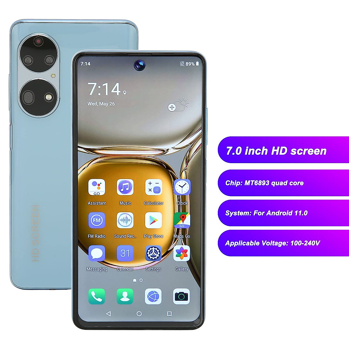 P60pro Mobile Phone, 7 Inch 1440X3040 HD Screen, 4GB and 64GB MT6893 Quad Core, 8MP Rear 16MP Front Cameras, 8000mAh Battery, Cell Phone for Android 11.0 System(USA)