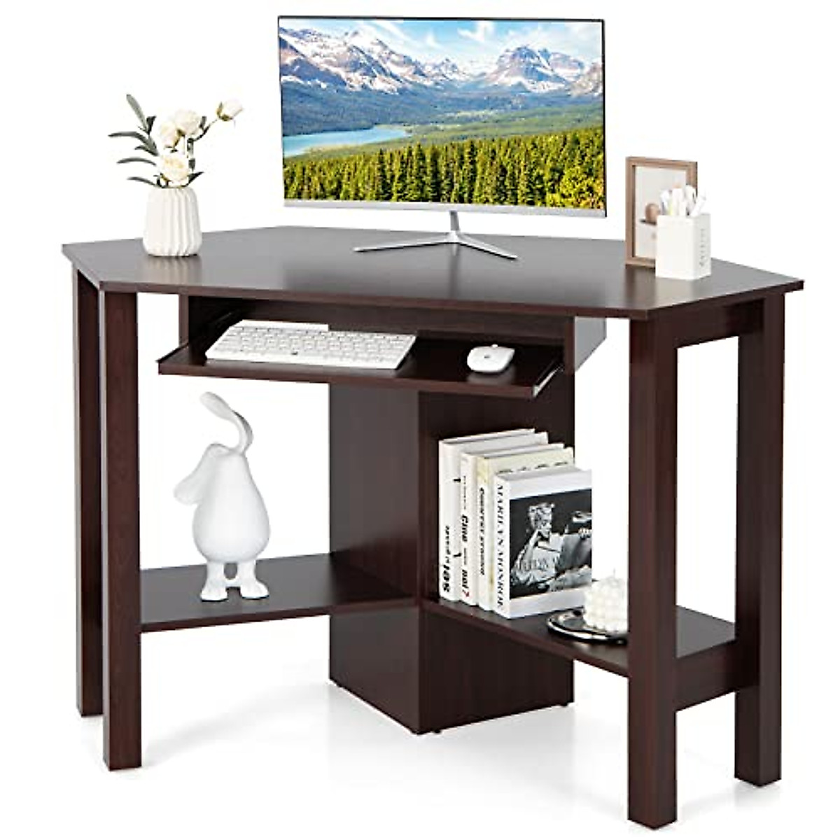 Tangkula Corner Desk with Keyboard Tray, Triangle Corner Computer Desk for Small Space, Bedroom Corner Makeup Vanity Desk with Storage Shelves, Space Saving Corner Writing Desk