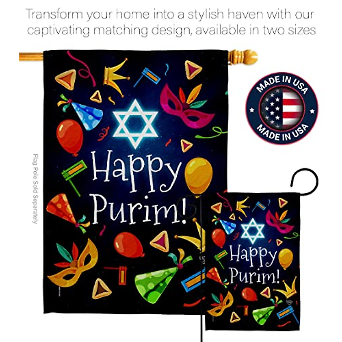 Ornament Collection Happy Purim Garden Flag Celebration House Decoration Banner Small Yard Gift Double-Sided, Made in USA