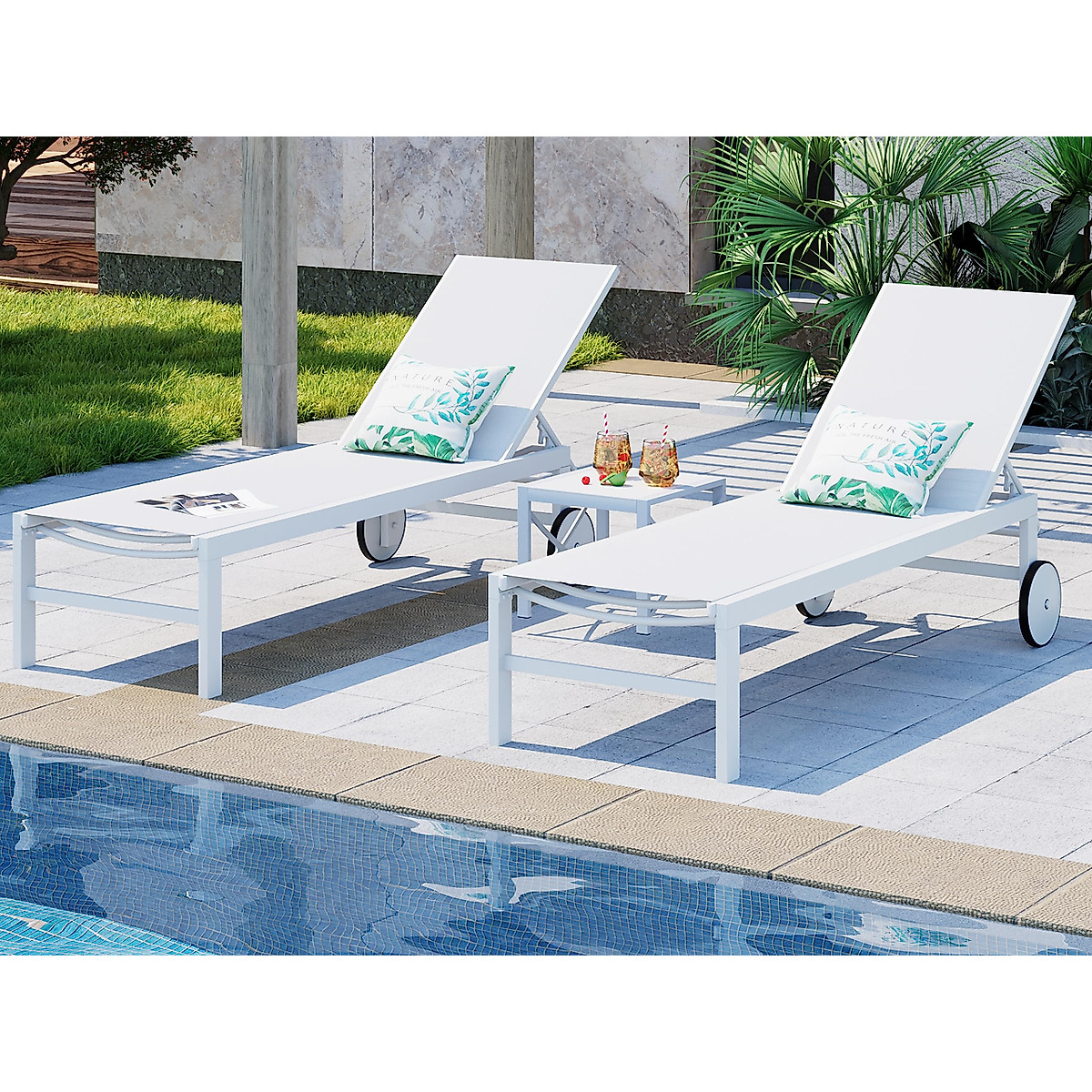 SUNLEI Lounge Chair for Outside Set of 2, Movable Chaise Lounge Outdoor, Pool Recliner Lounge Chairs with Adjustable Backrest & Textilene, Sturdy Aluminum Frame, Tanning Chair for Patio, White