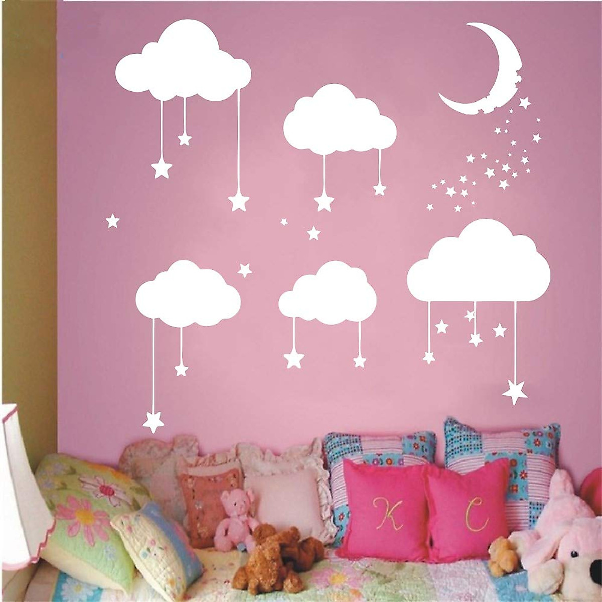 Big Clouds Stars Wall Decal Kids Nursery Bedroom Decor Sticker Clouds Moon Stars Art Baby Decal DIY Decor Clouds Decal (White, 28x35inch)