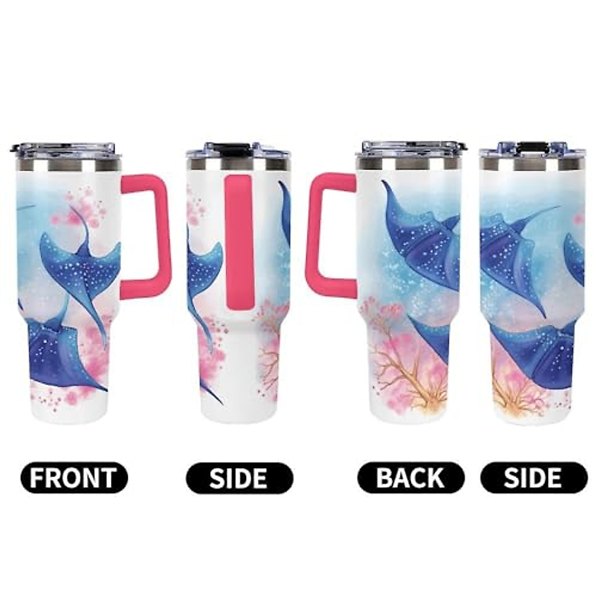 WYUSPGK 40oz Stainless Steel Car Mug, Sea Animals Stingrays Print Travel Mug, Double-Wall Insulated with Straw, Perfect for Car, Office, Outdoor