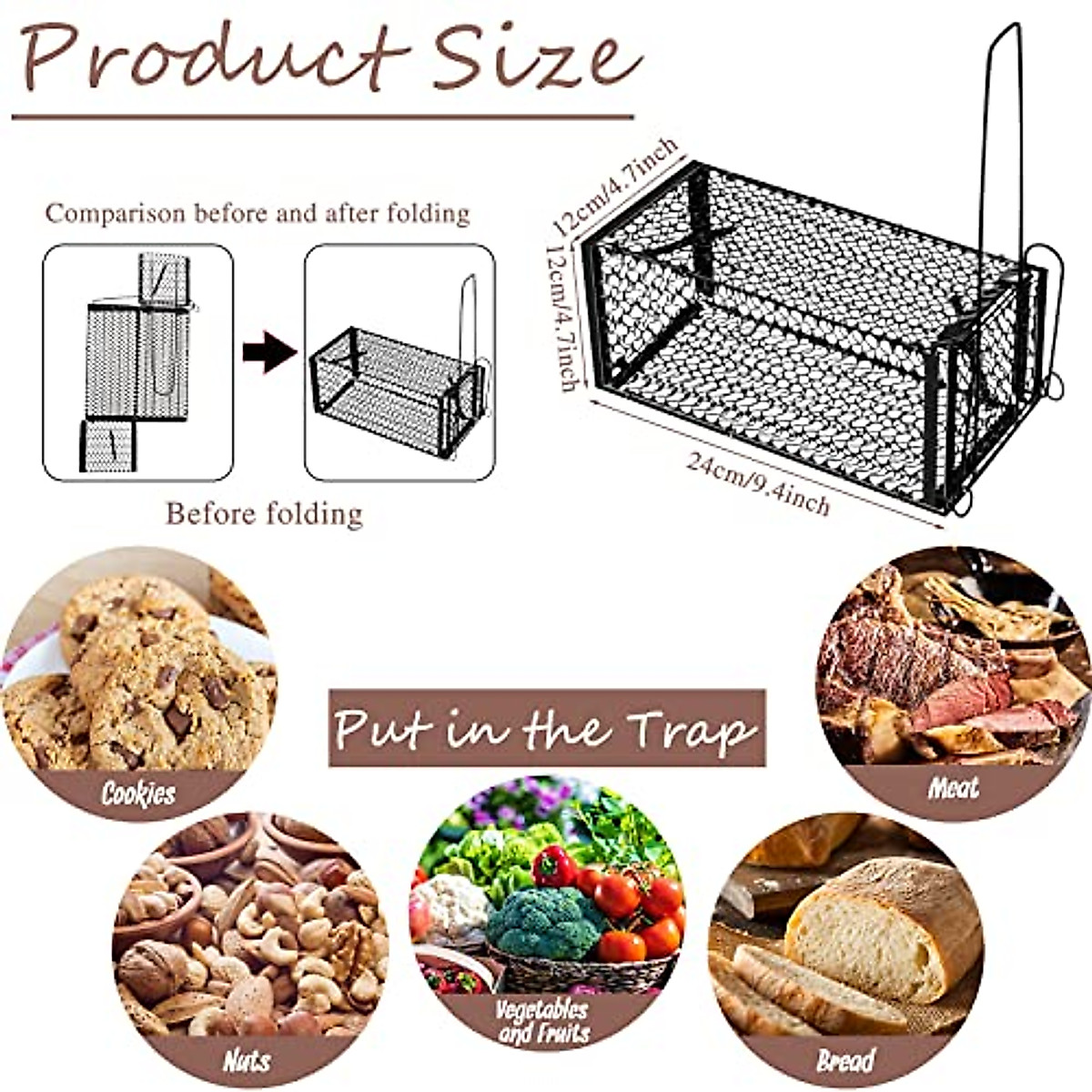 Humane Rat Trap Chipmunk Squirrel Rodent Trap Foldable Mouse Trap Small Live Animal Mouse Voles Hamsters Live Cage Rat Mouse Cage Trap for Mice Easy to Catch and Release, 9.4x4.7x4.7 Inches (4 Pcs)