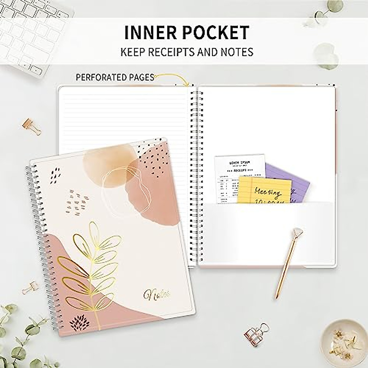 SUNEE Large Spiral Notebook, Journal For Women, Aesthetic Cute Abstract Notebook with Pockets, Flexible Cover, College Ruled Paper, 11" x 8-1/2", 80 Sheets - 160 Pages, for Work, School Supplies