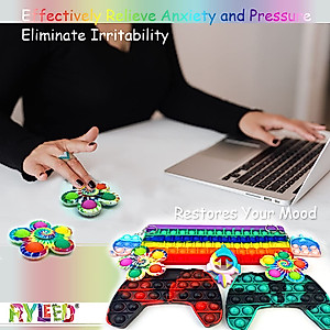 RYLEED 8 Pack Pops Fidget Toys, It is Includes( 2 Game Controller Gamepad Shape+ 2 Small Poppit Keychain+ 2 Fidget Spinner Toys+ 1 Keyboard Shape+ 1 Rocket Shape Snap Toy)